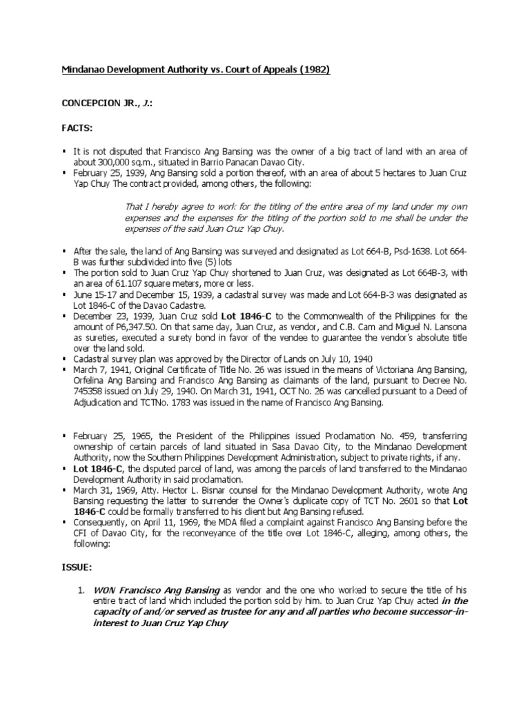 Mindanao Development Authority vs. Court of Appeals (1982) | PDF ...