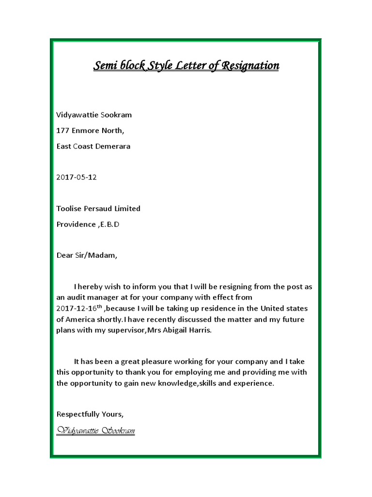 Semi Block Resignation Letter Template | PDF