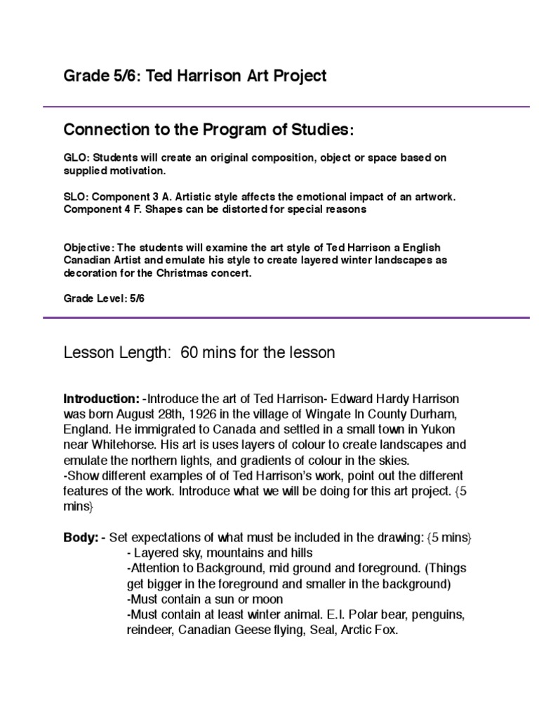 Lesson Plan 7 Grade 6 Ted Harrison Art Project | PDF | Drawing | Landscape