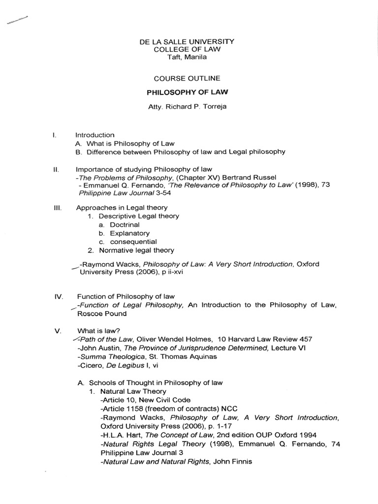 Philosophy of Law Syllabus (Atty. Torreja) | PDF