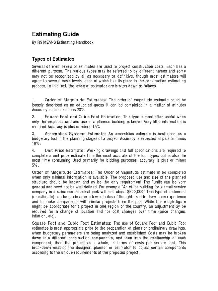 Estimating Guide: Types of Estimates | PDF | Specification (Technical ...