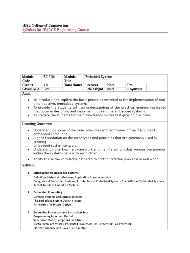 Syllabus EC5001 Embedded Systems | PDF | Embedded System | Microprocessor