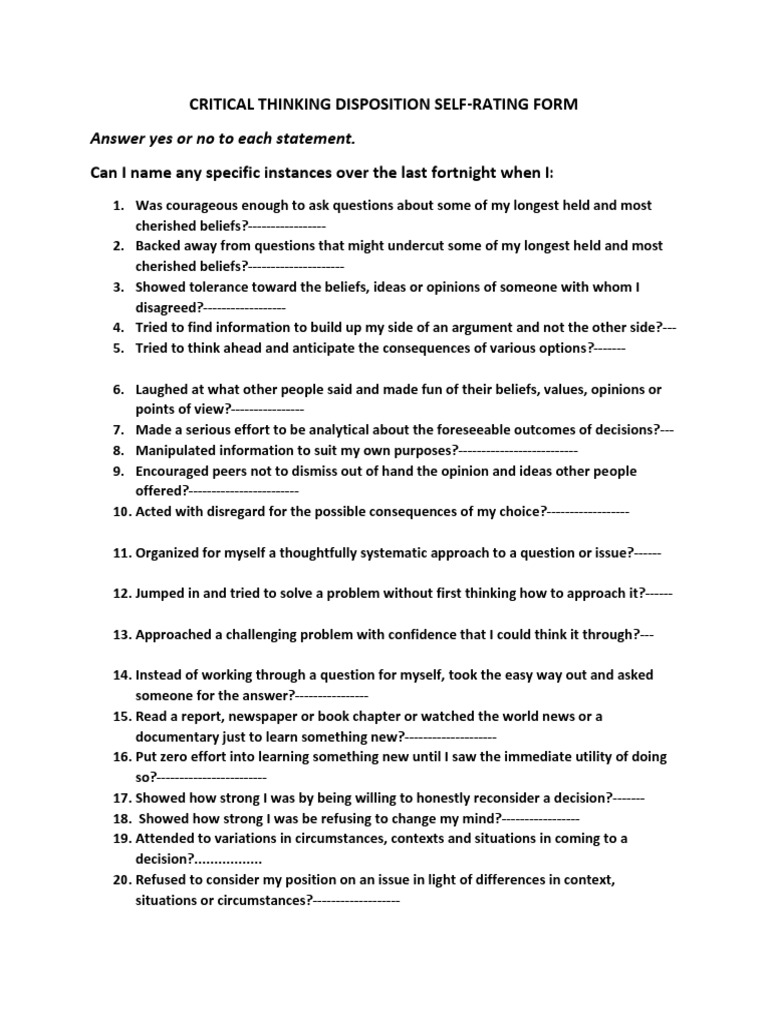 Critical Thinking Self-Assessment Form | PDF