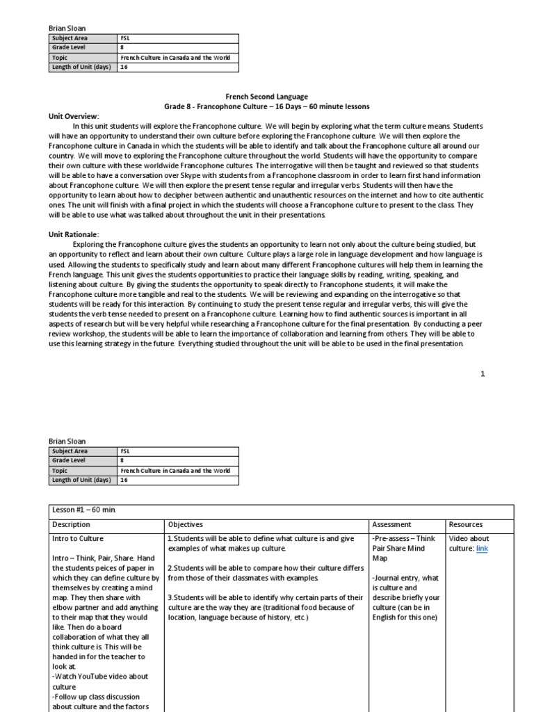 FSL 8 Unit Plan - Brian Sloan | PDF | Question | French Language