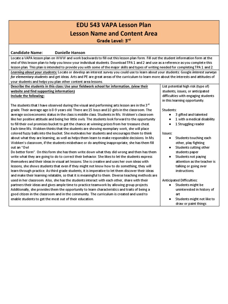 EDU 543 VAPA Lesson Plan Lesson Name and Content Area: Grade Level: 3 ...