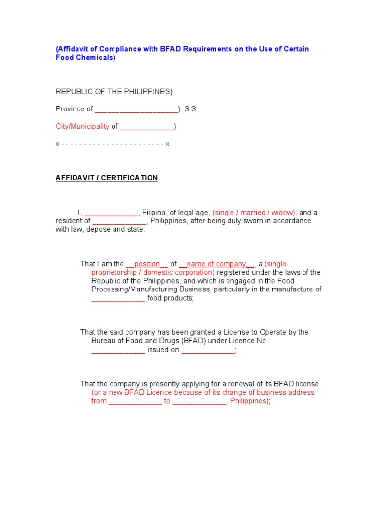 Affidavit of Compliance With BFAD Requirements On The Use of Certain ...