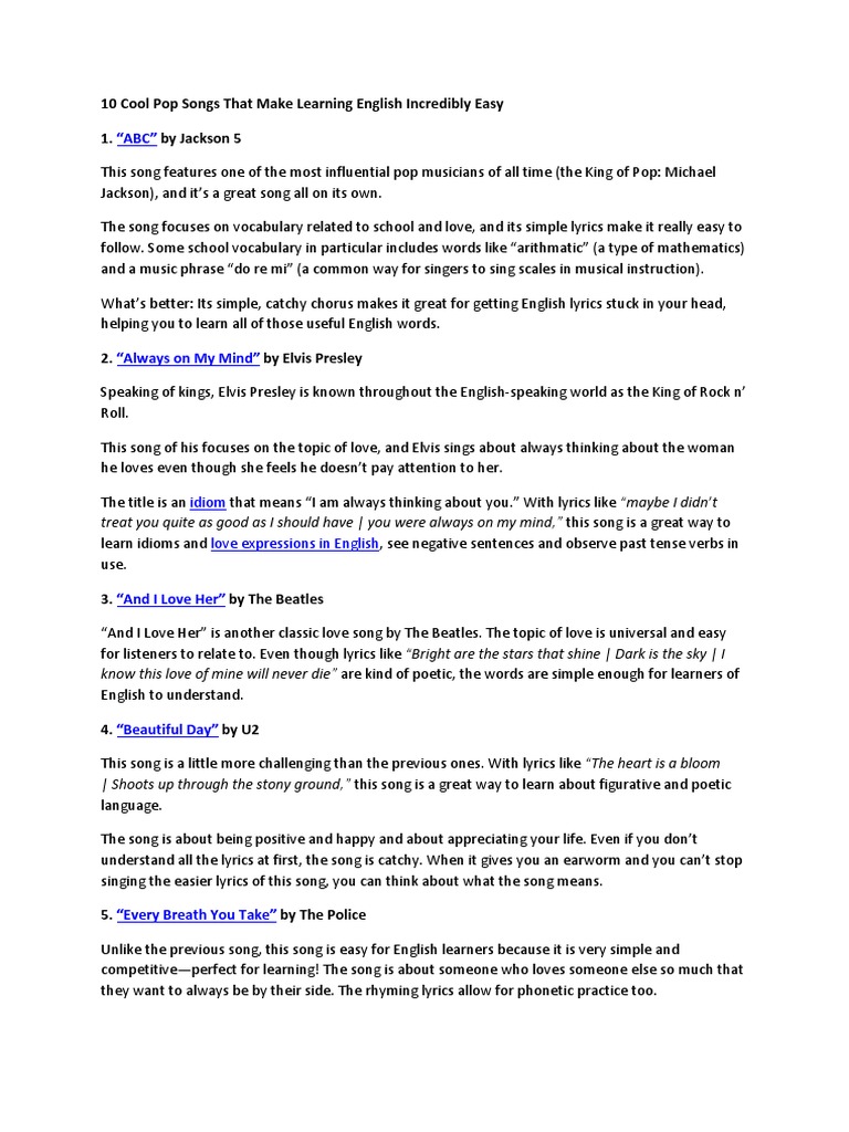 10 Cool Pop Songs That Make Learning English Incredibly Easy | PDF ...