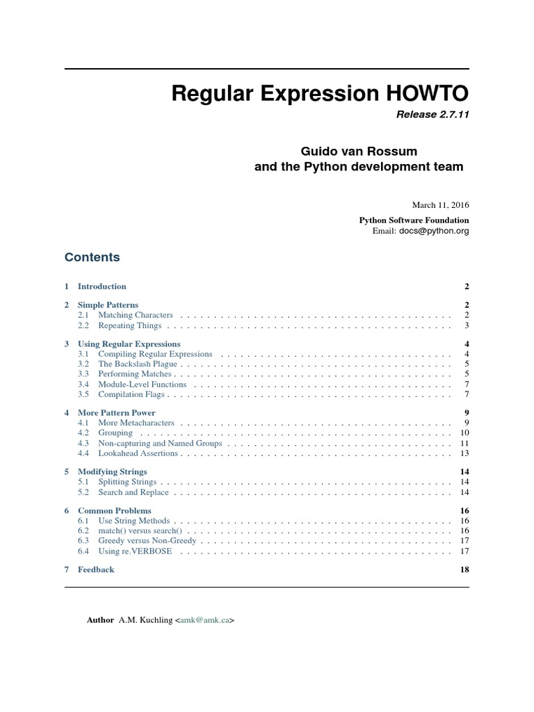 Regular Expression HOWTO: Guido Van Rossum and The Python Development Team | PDF | Regular ...