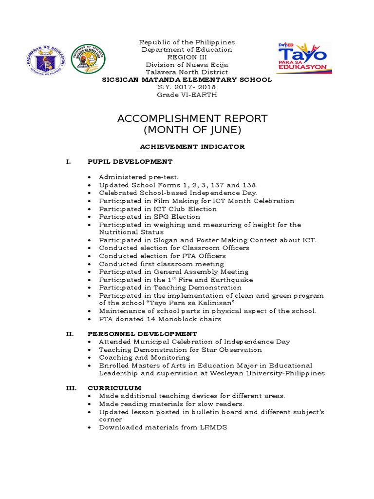 Accomplishment Report Sample | PDF | Teachers | Curriculum