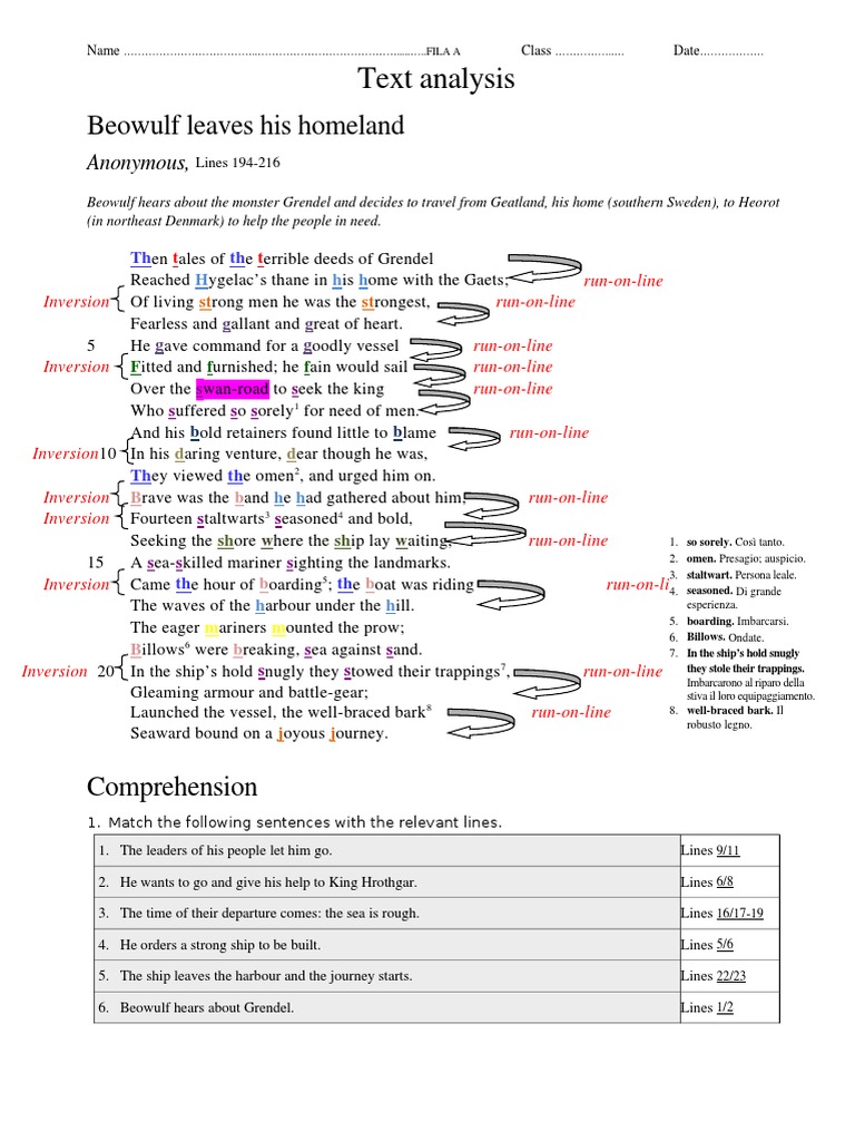 Text Analysis: Beowulf Leaves His Homeland | PDF | Beowulf | Poetry