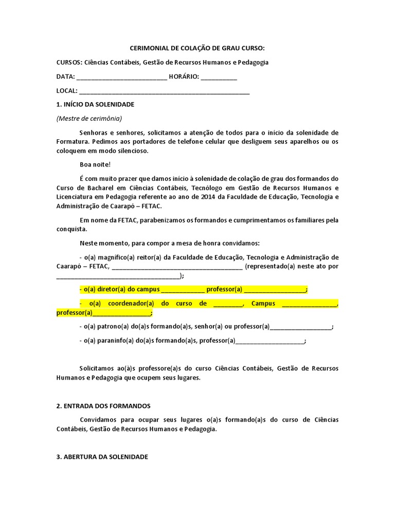 Cerimônia de Colação de Grau FETAC | PDF | Diploma de bacharel ...