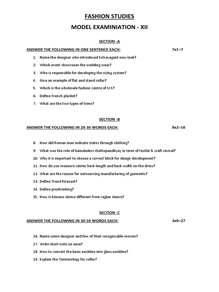 Fashion Studies Model Examination XII | PDF | Fashion | Seam (Sewing)