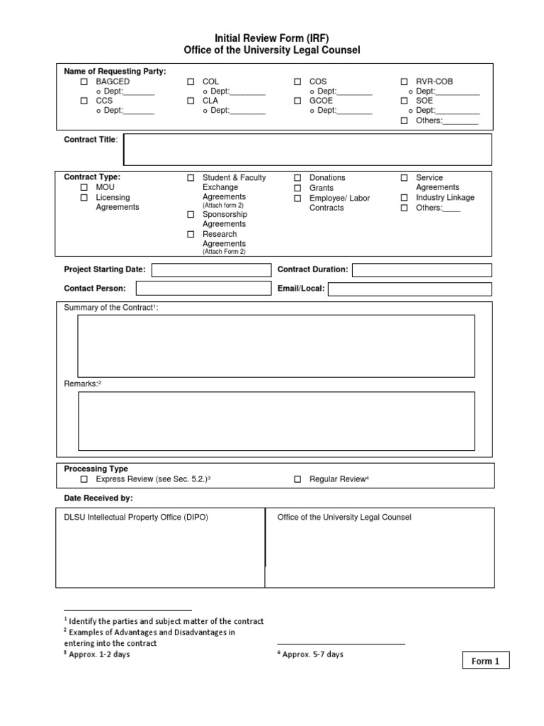 Initial Review Form (IRF) Office of The University Legal Counsel | PDF