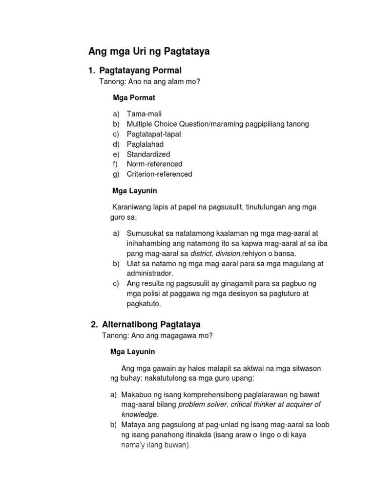 Ang Mga Uri NG Pagtataya | PDF