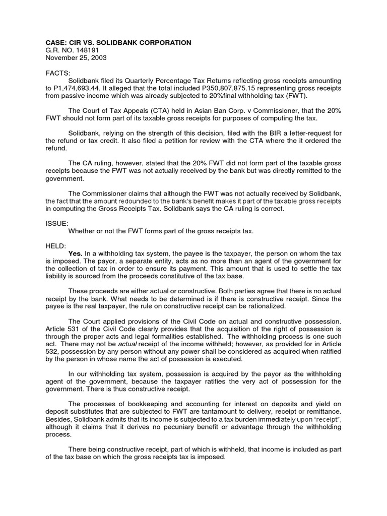 Cir vs. Solidbank Corporation | PDF | Withholding Tax | Tax Refund