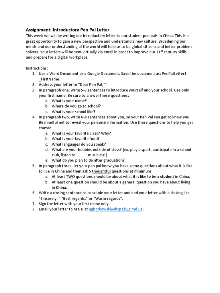 Penpal Letter 1 Instructions | Download Free PDF | Behavior ...