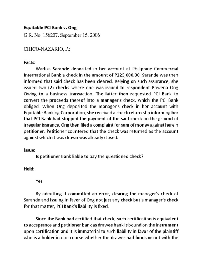 Equitable PCI Bank v. Ong | PDF | Negotiable Instrument | Cheque