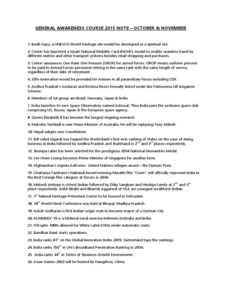 General Awareness Course 2015 Note - October & November: ND RD | PDF ...