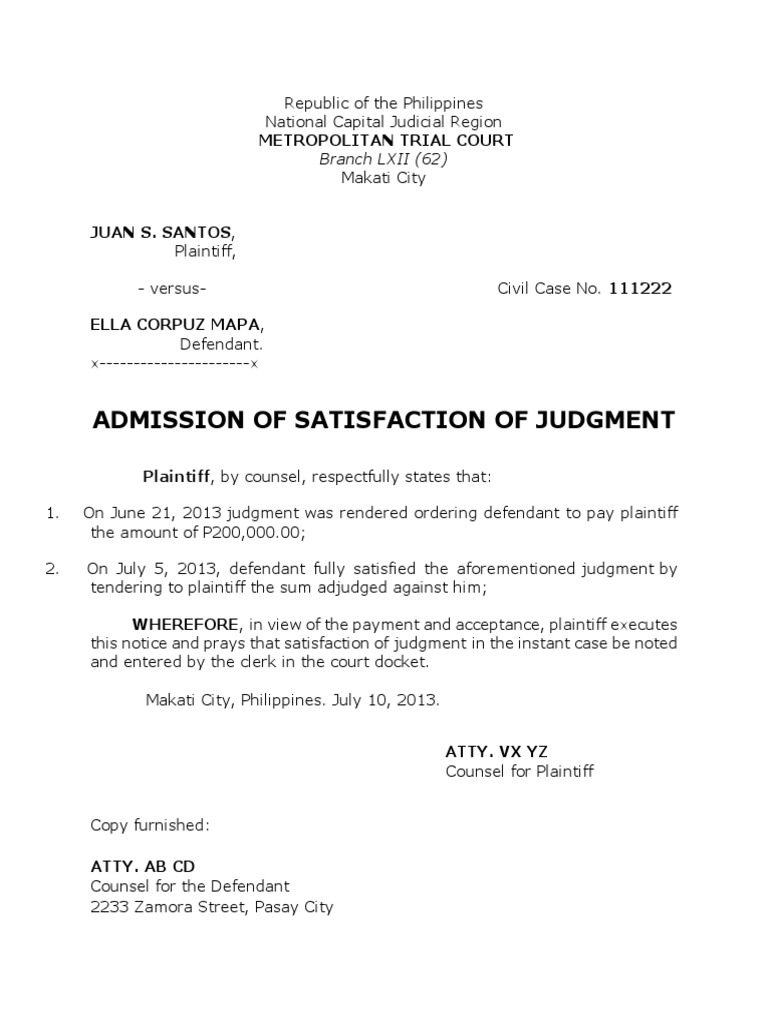 Admission of Satisfaction of Judgement | PDF