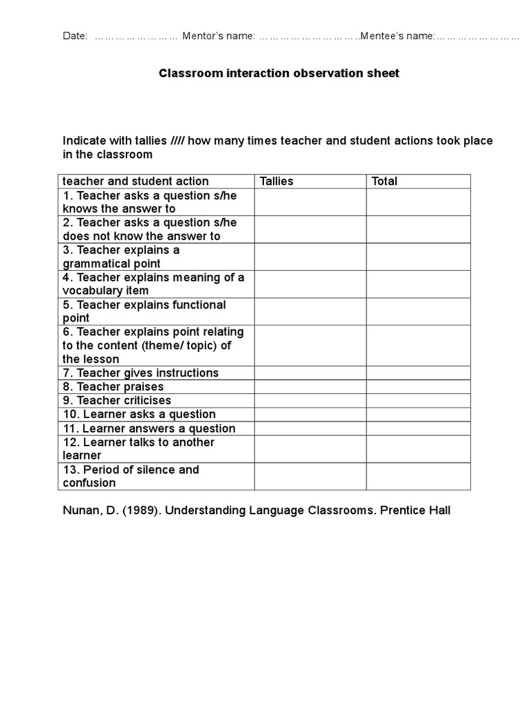 Classroom Interaction Observation Sheet: Date: Mentor's Name: ..Mentee ...