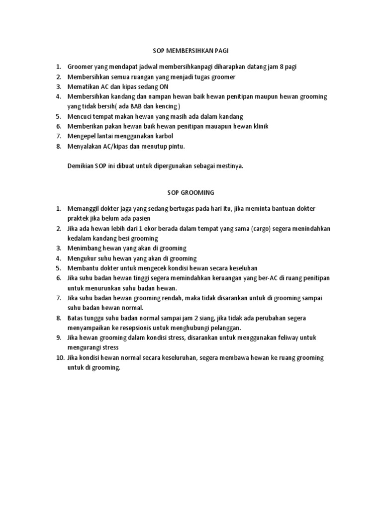 SOP Grooming dan Kebersihan | PDF