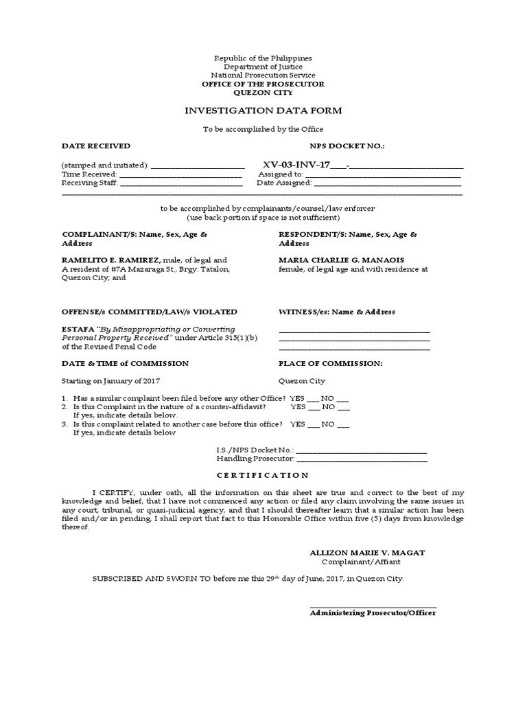 Investigation Data Form 2 | PDF