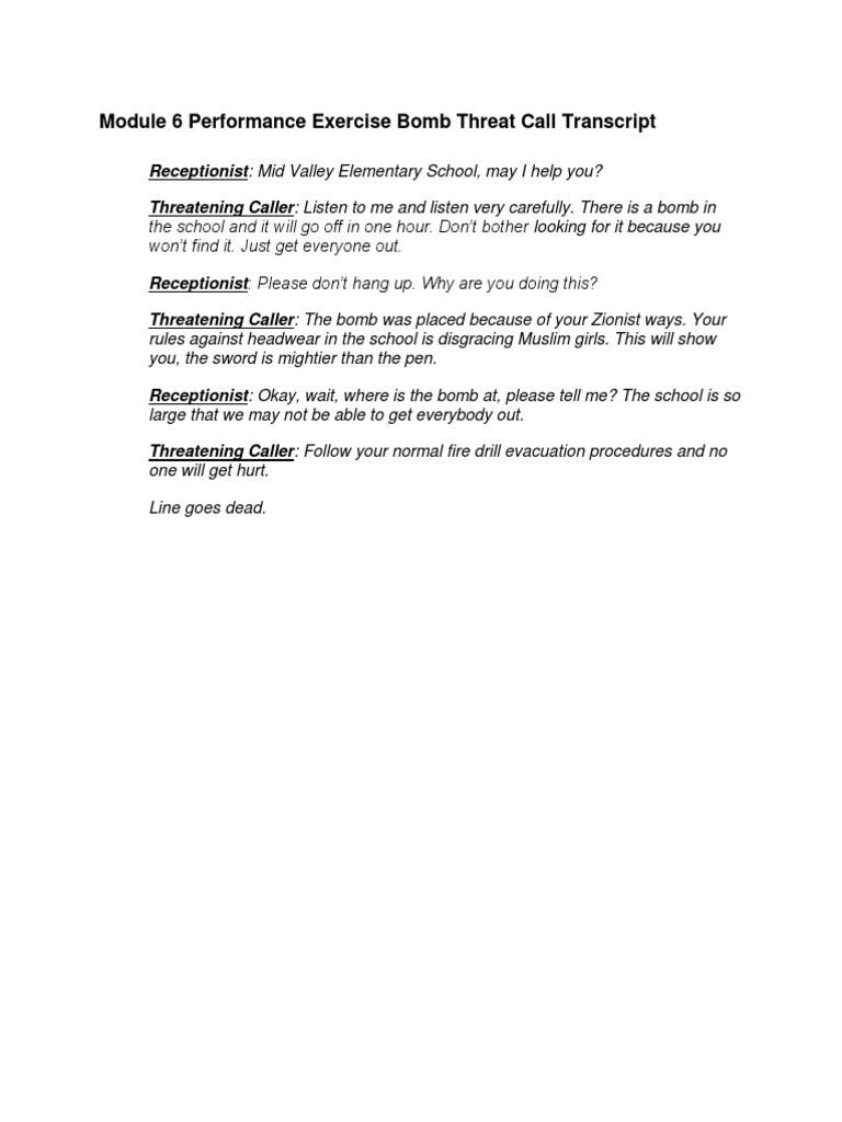 01 Module 06 PE Bomb Threat Transcript | PDF | Career & Growth | Self ...