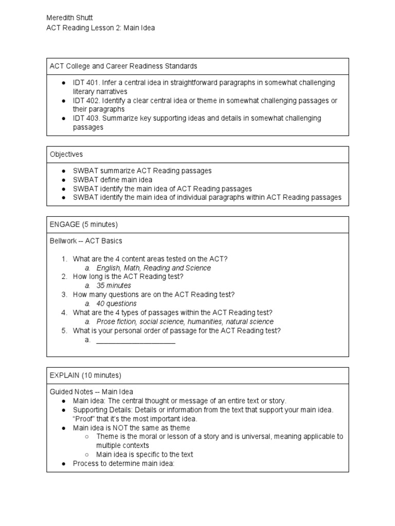 Act Reading Lesson 2 Main Idea | PDF | Alexander Pope | Biodiversity