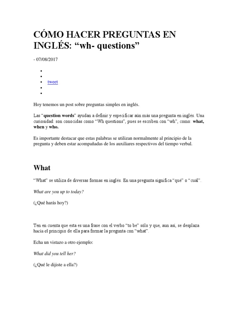 Guía básica para formar preguntas en inglés usando palabras ...