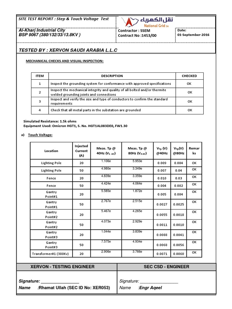 SITE TEST REPORT: Step & Touch Voltage Test: Contractor: SSEM Contract ...