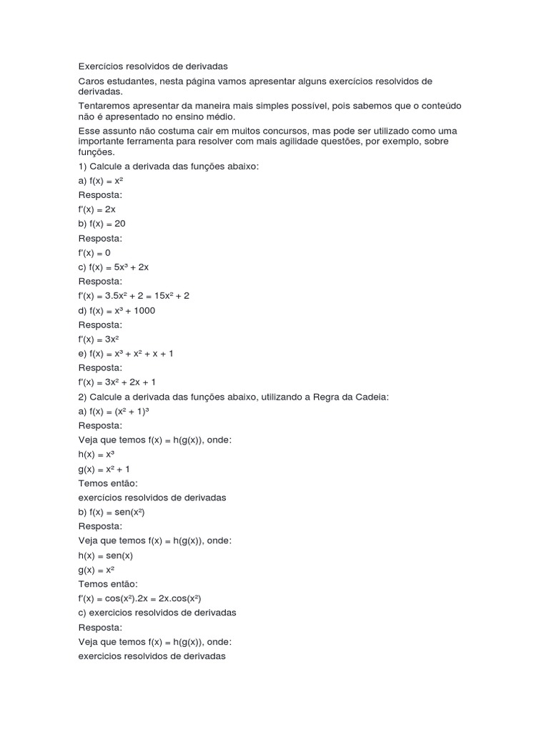 Exercícios Resolvidos de Derivadas | PDF