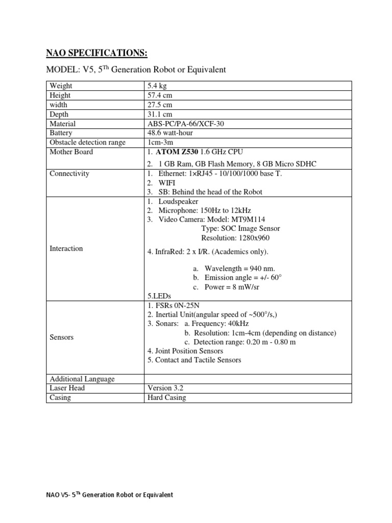 MODEL: V5, 5 Generation Robot or Equivalent: Nao Specifications | PDF