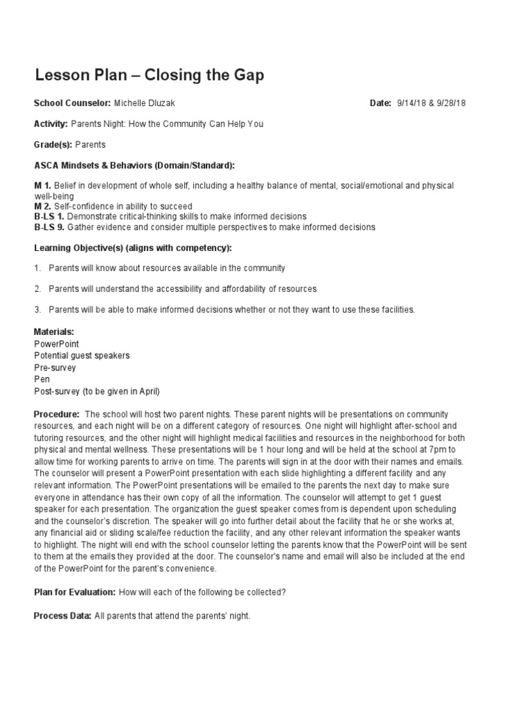 Closing The Gap Lesson Plan Surveys | PDF | School Counselor | Behavior ...