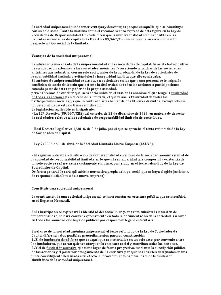 La Sociedad Unipersonal Puede Tener Ventajas y Desventajas Porque Es Aquélla Que Se Constituye ...