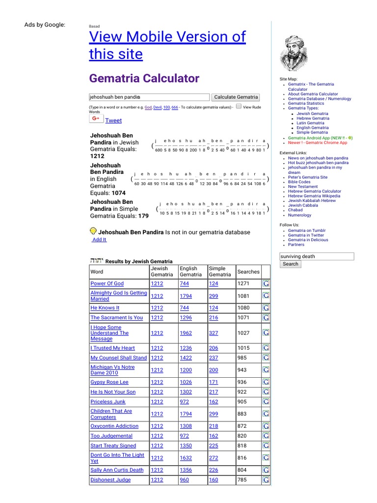 Jehoshuah Ben Pandira Gematria Value - English Gematria Calculator ...