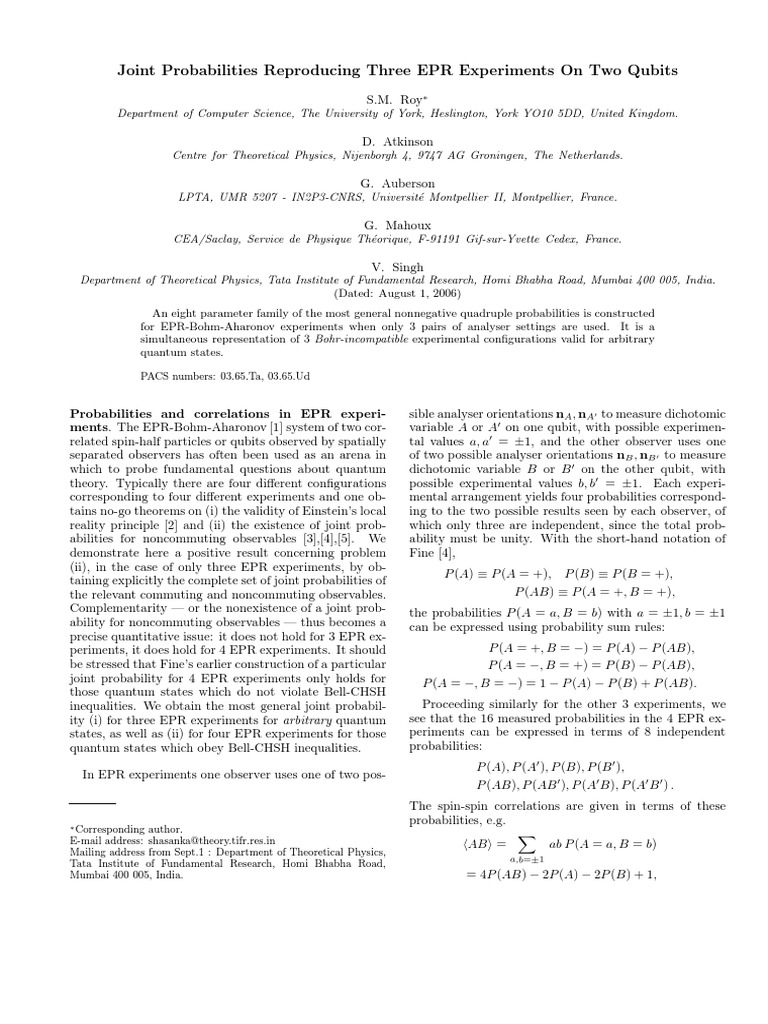 Joint Probabilities Reproducing Three EPR Experiments On Two Qubits ...