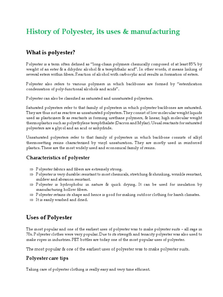 Polyester: History, Uses, and Production | PDF | Polyester | Ester