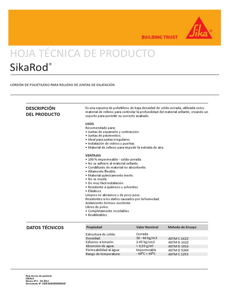 Sika Rod PDS | PDF | Aislamiento térmico | Materiales