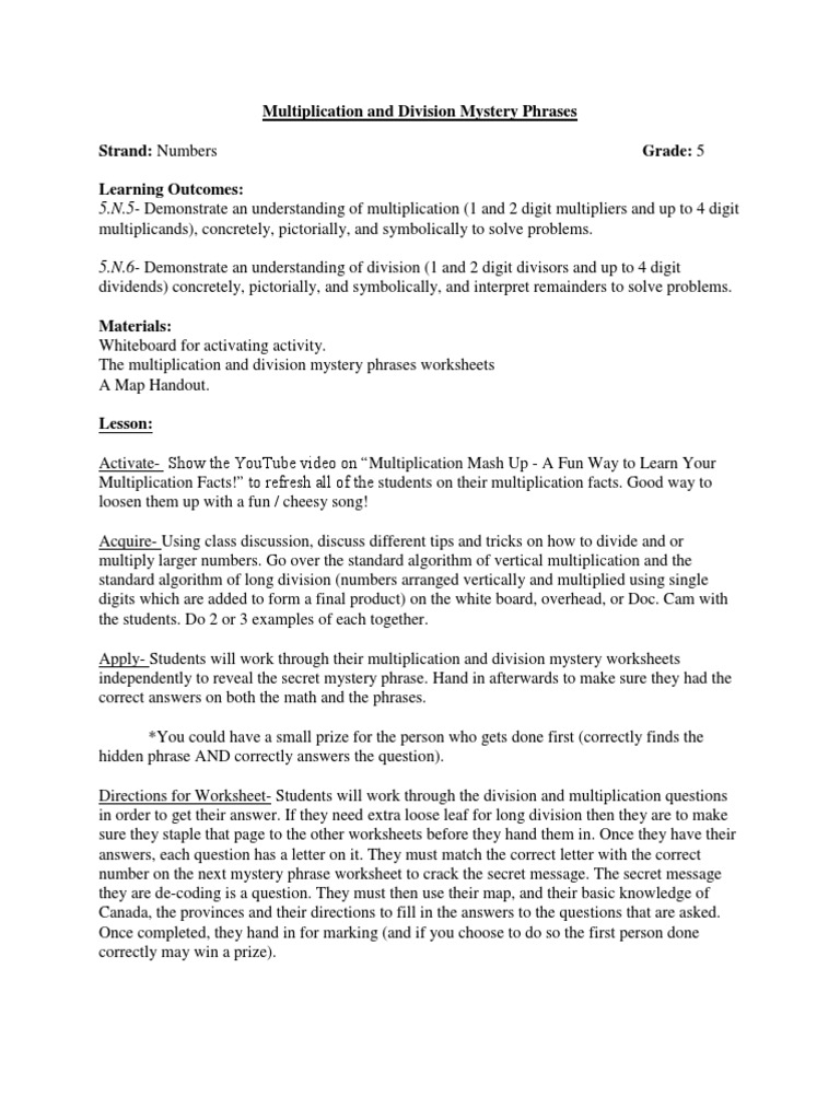 Multiplication and Division Mystery Phrases 1 | PDF | Division ...