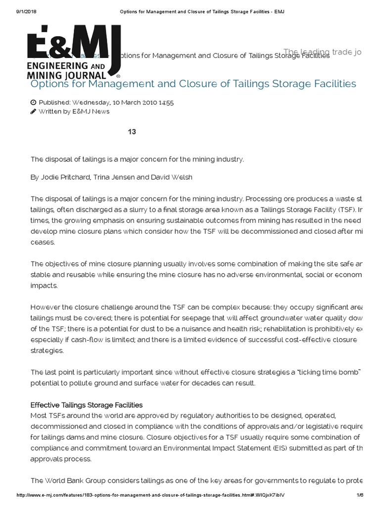 Options For Management and Closure of Tailings Storage Facilities - EMJ ...