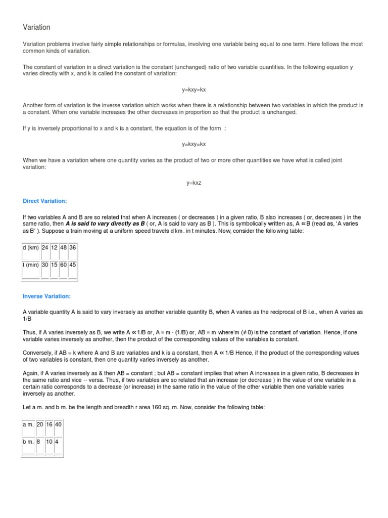 Variation | PDF | Variable (Mathematics) | Elementary Mathematics