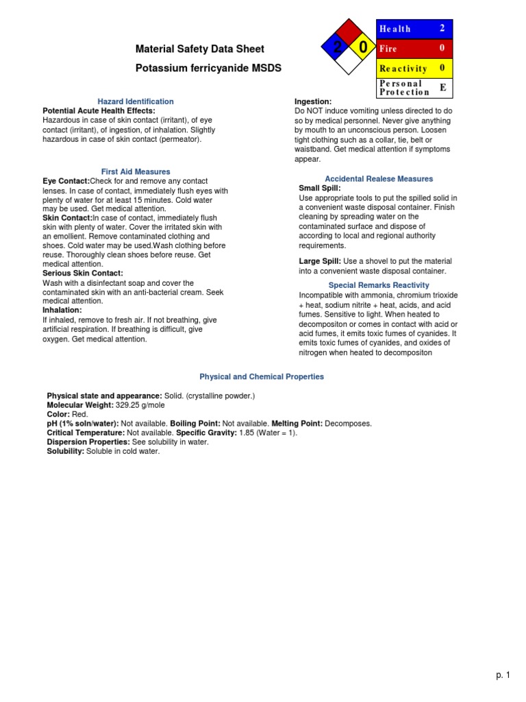 Material Safety Data Sheet Potassium Ferricyanide MSDS: Hazard ...