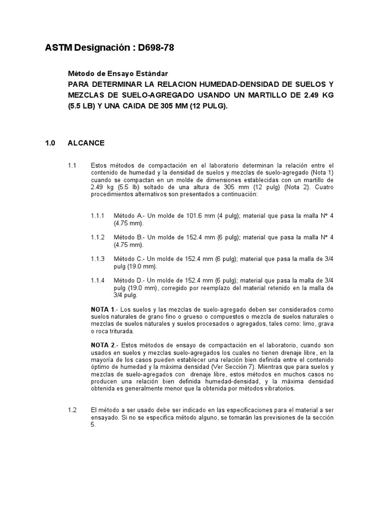 ASTM D698-78 Método de Ensayo Estándar para Determinar La Relacion ...