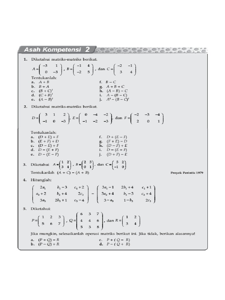 Latihan Soal Operasi Matriks Kelas 12 | PDF