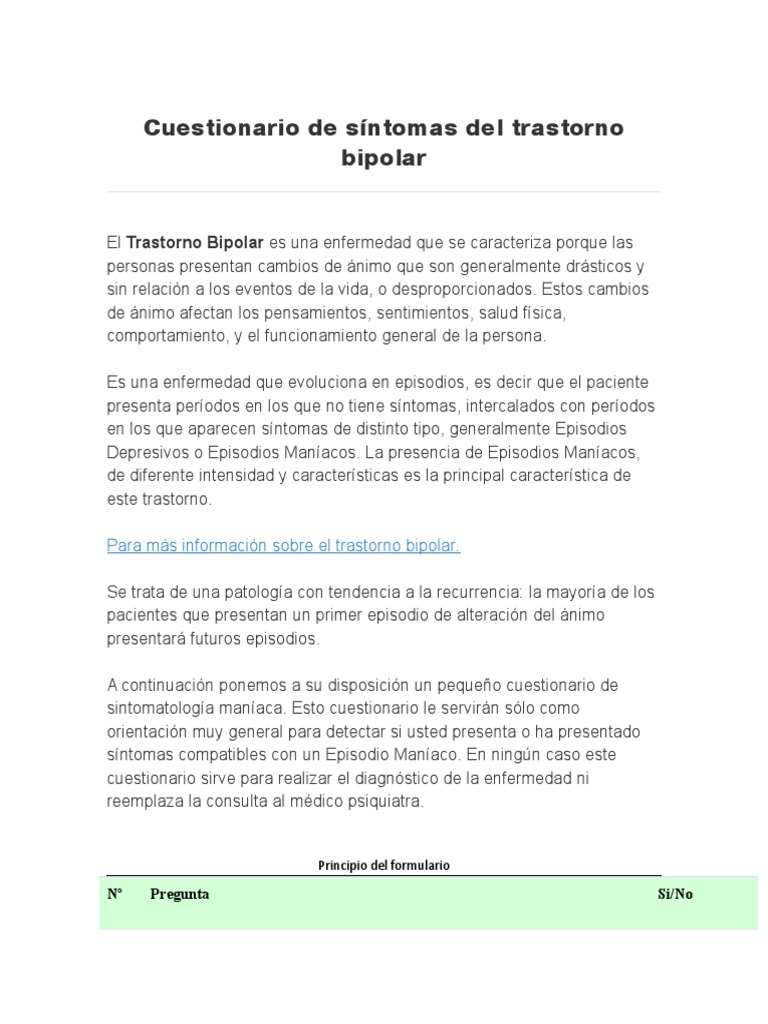 Cuestionario de Síntomas Del Trastorno Bipolar | PDF | Desorden bipolar ...