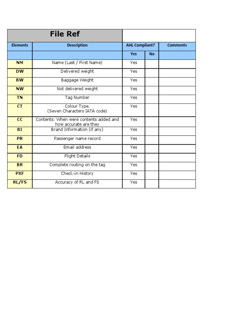 File Ref: Elements Description AHL Compliant? Comments Yes No | PDF