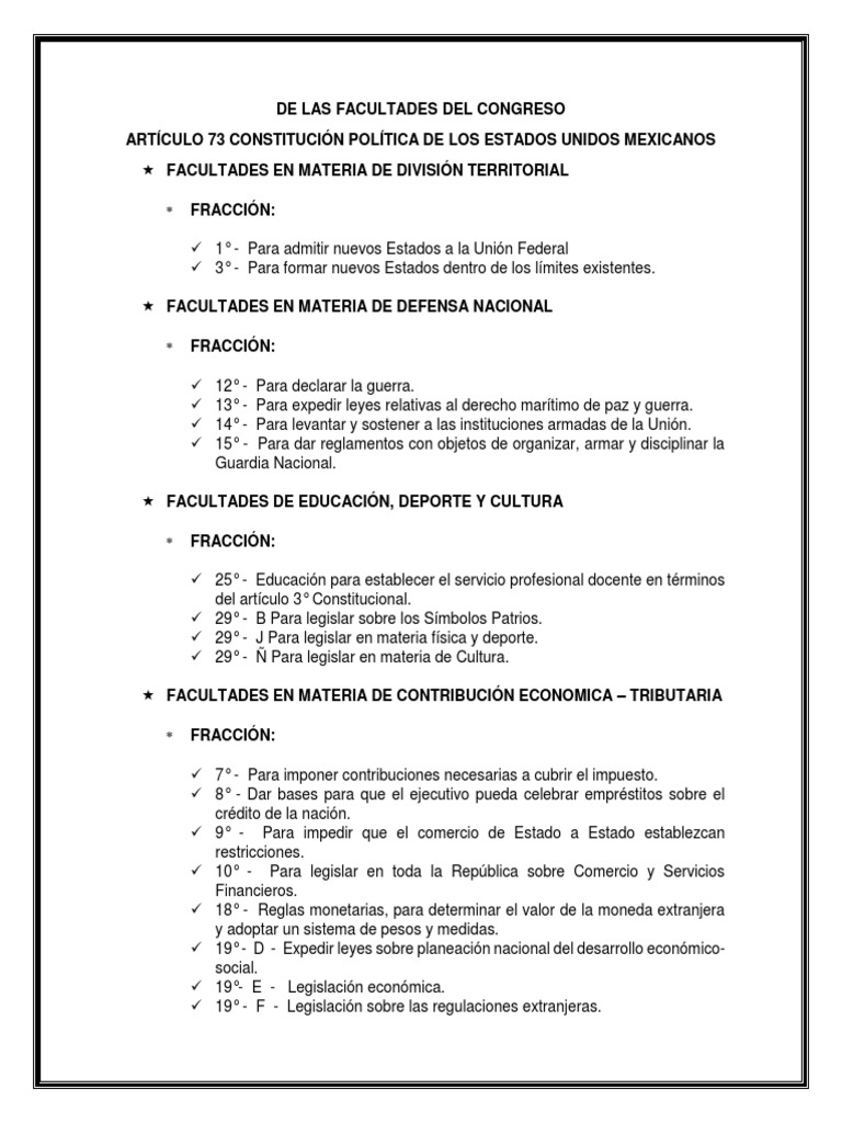 Facultades del Congreso: Artículo 73 CPEUM | PDF | Federación ...