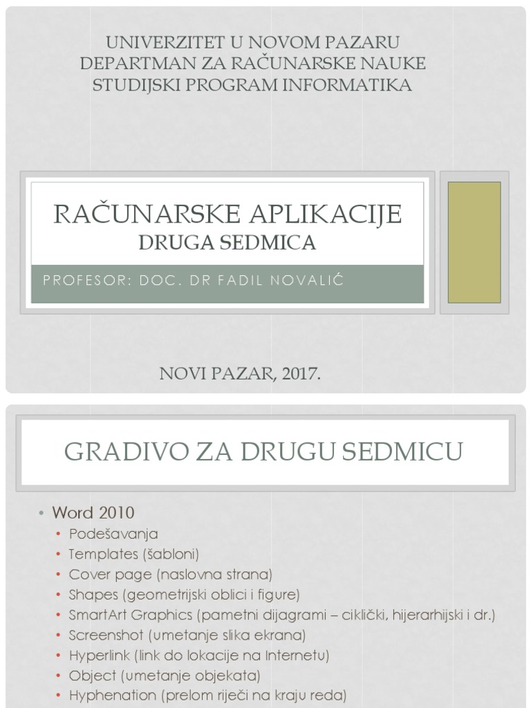 Računarske Aplikacije: Univerzitet U Novom Pazaru Departman Za Računarske Nauke Studijski ...