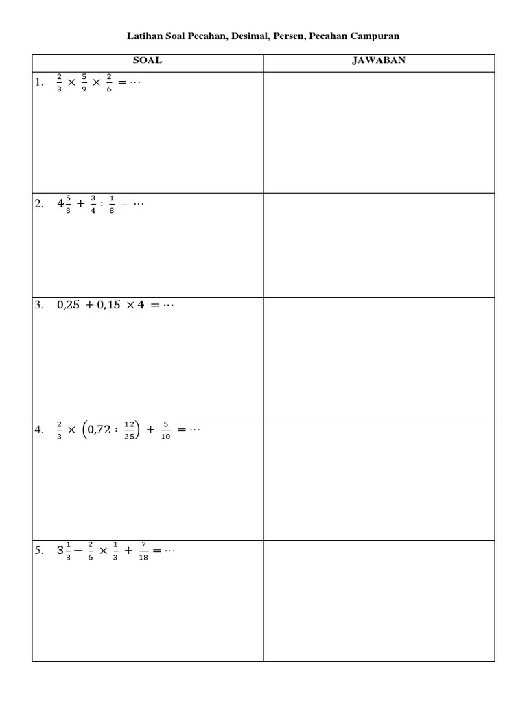 Latihan Soal Pecahan, Desimal, Persen, Pecahan Campuran | PDF