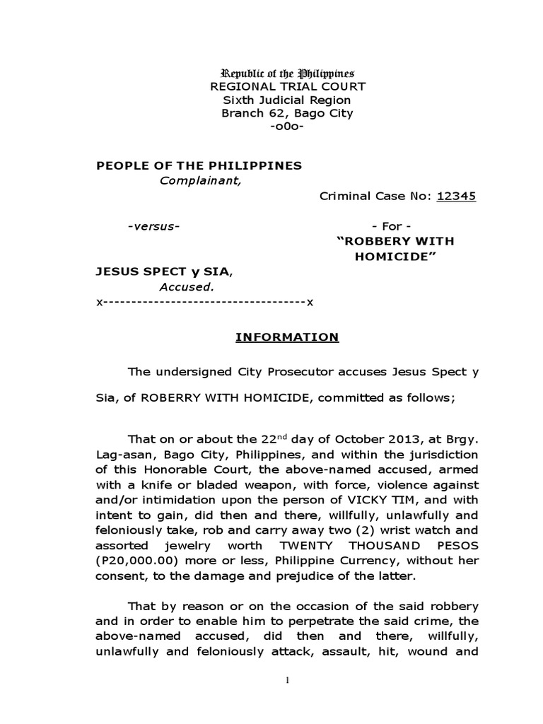 Information - Robbery With Homicide | PDF | Criminal Procedure In South ...